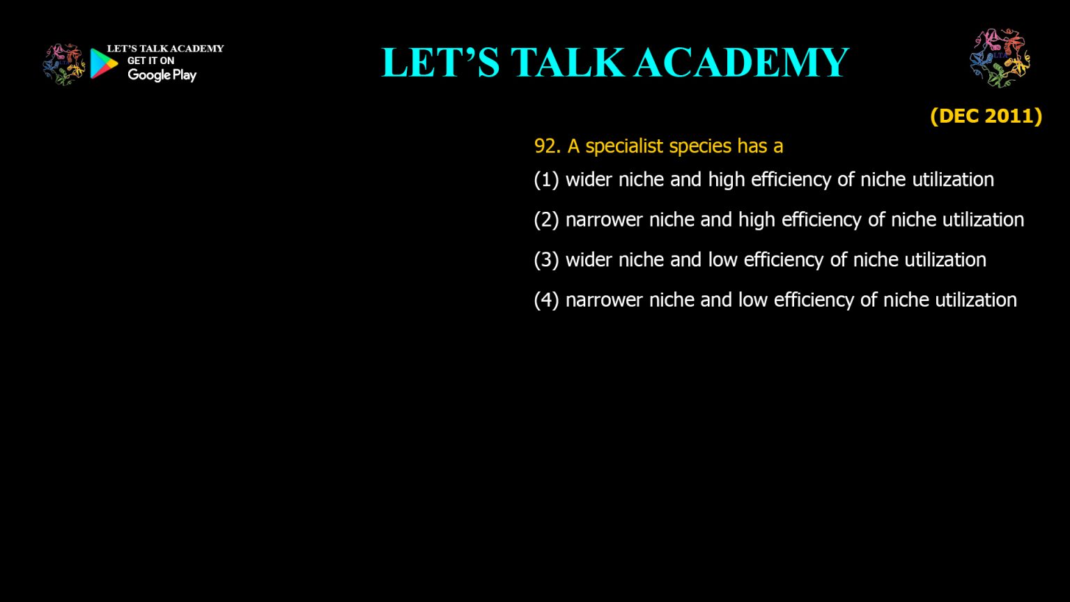 Specialist Species: Narrow Niche and High Efficiency of Niche ...