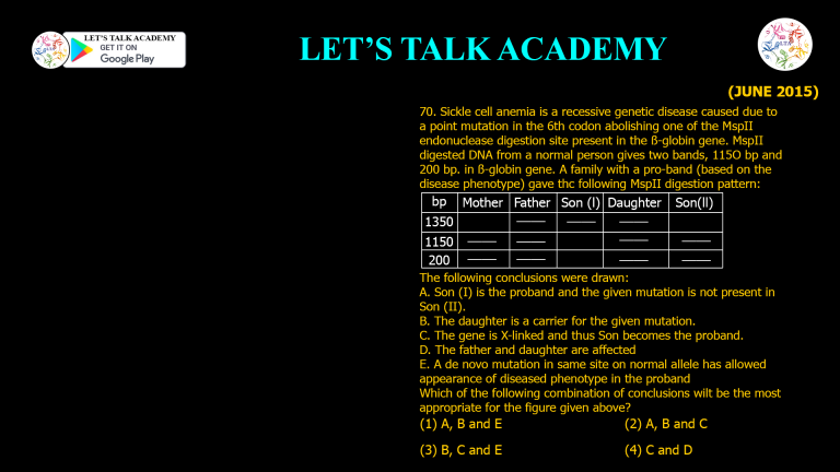 Sickle Cell Anemia Restriction Digest Problem - CSIR NET LIFE SCIENCE ...