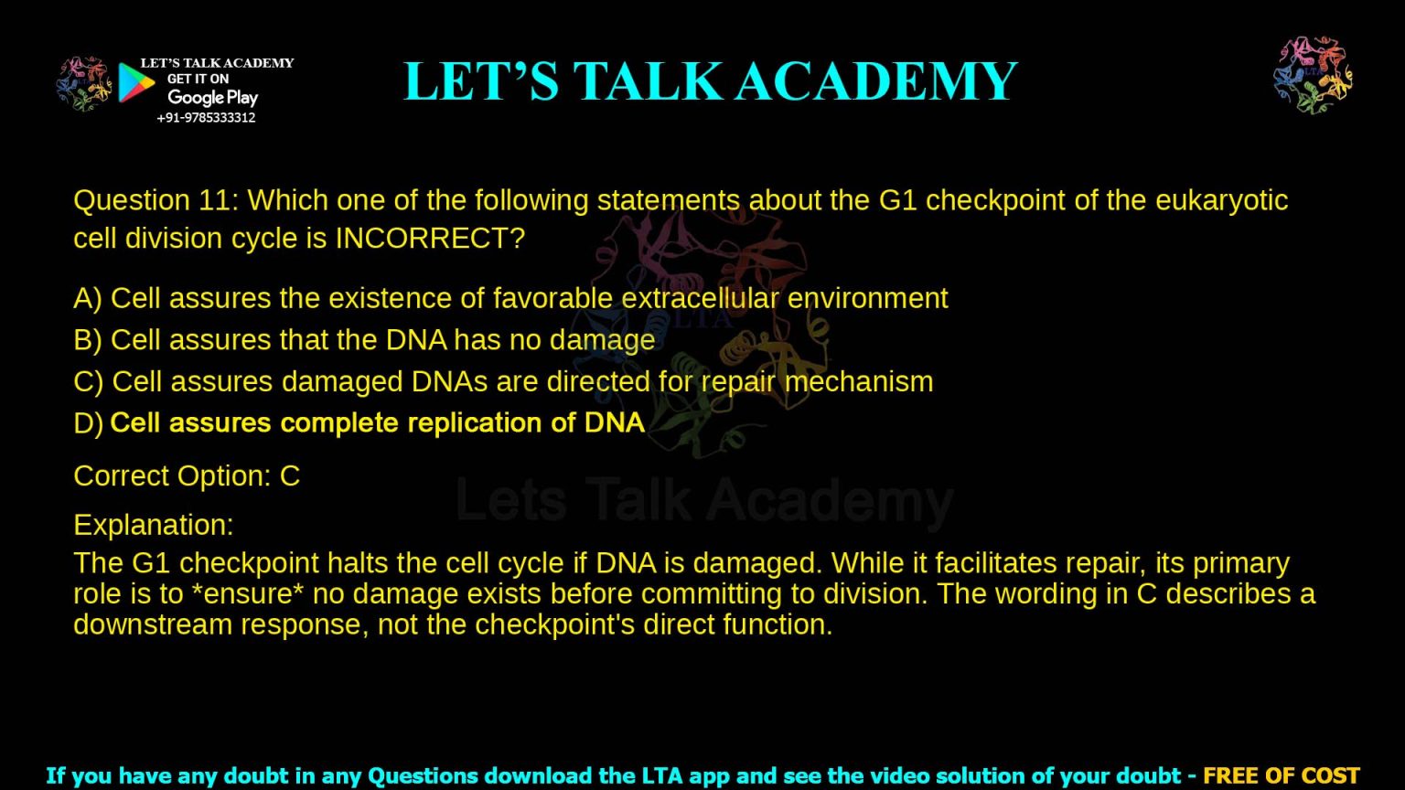 G1 Checkpoint in Eukaryotic Cell Division Cycle - CSIR NET LIFE SCIENCE ...