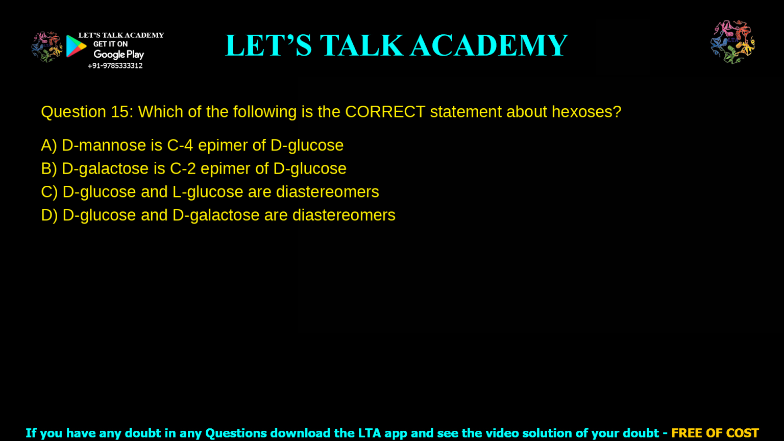 Hexoses Epimers - D-Mannose D-Glucose Galactose Diastereomers Explained ...