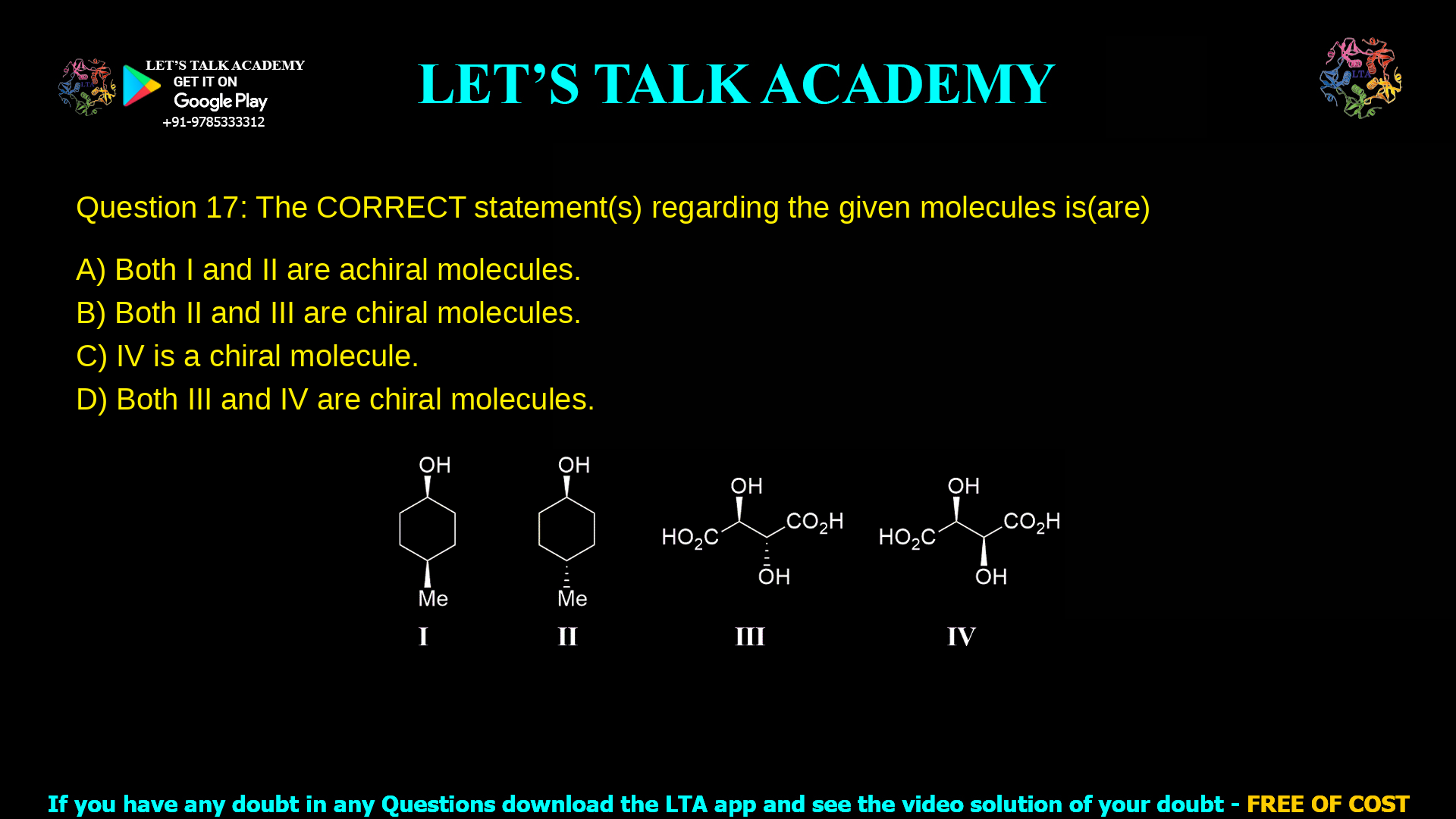 Chirality of Cyclohexane and Tartaric Acid Isomers - CSIR NET LIFE ...