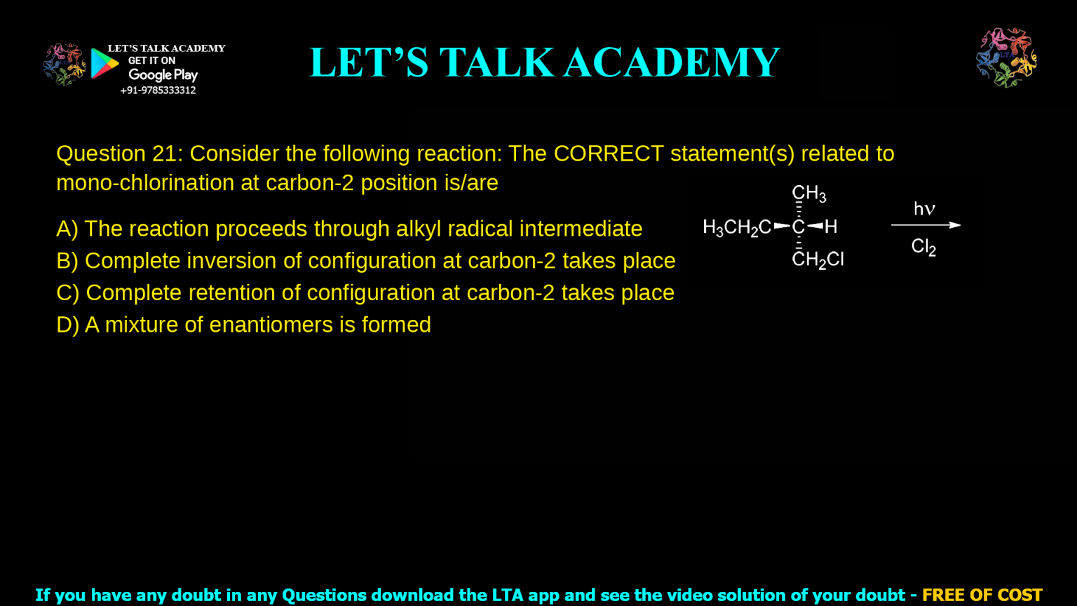 Free Radical Monochlorination at Carbon-2 - CSIR NET LIFE SCIENCE ...