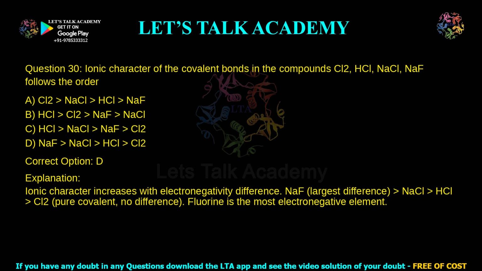Ionic Character Order: Cl2, HCl, NaCl, NaF - CSIR NET LIFE SCIENCE ...