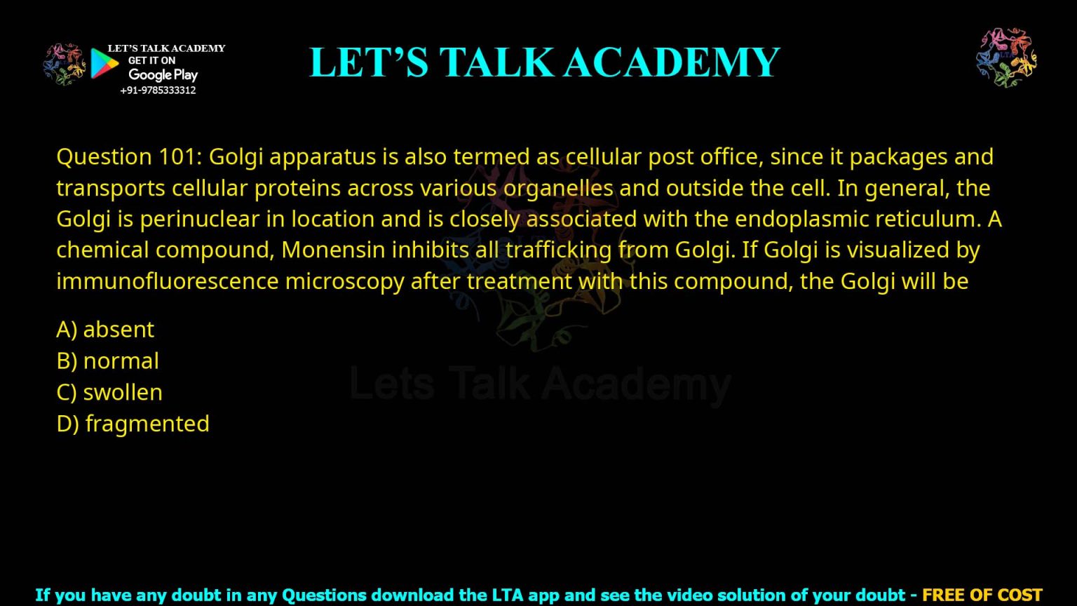Monensin Golgi Swollen Immunofluorescence - CSIR NET LIFE SCIENCE ...