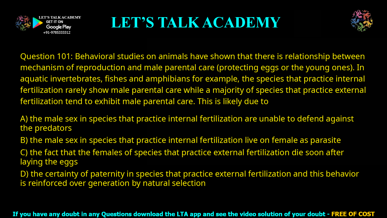 External Fertilization Male Parental Care - CSIR NET LIFE SCIENCE ...