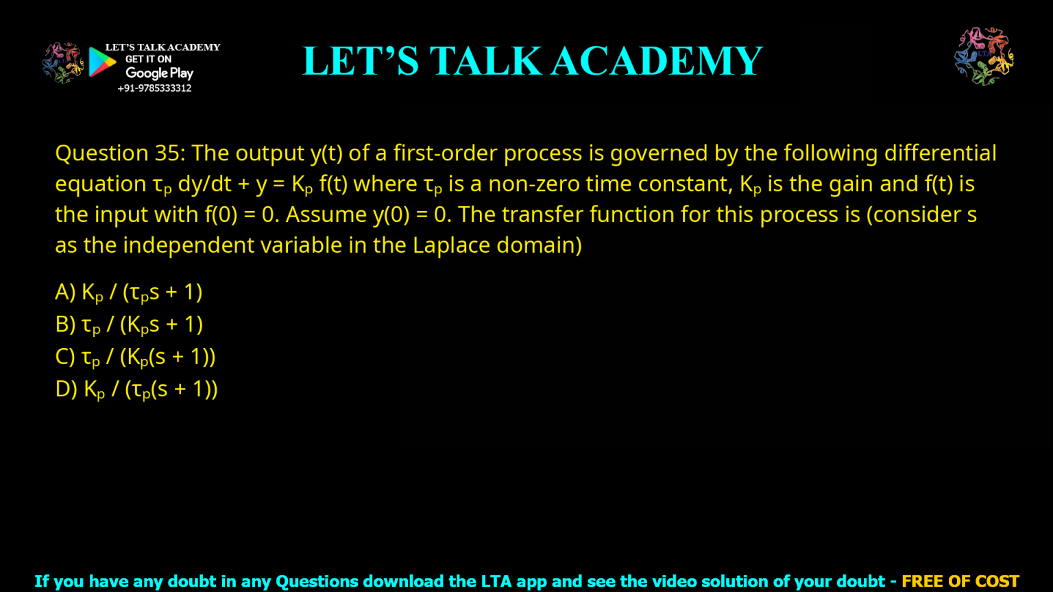 First-Order Process Transfer Function - CSIR NET LIFE SCIENCE COACHING ...