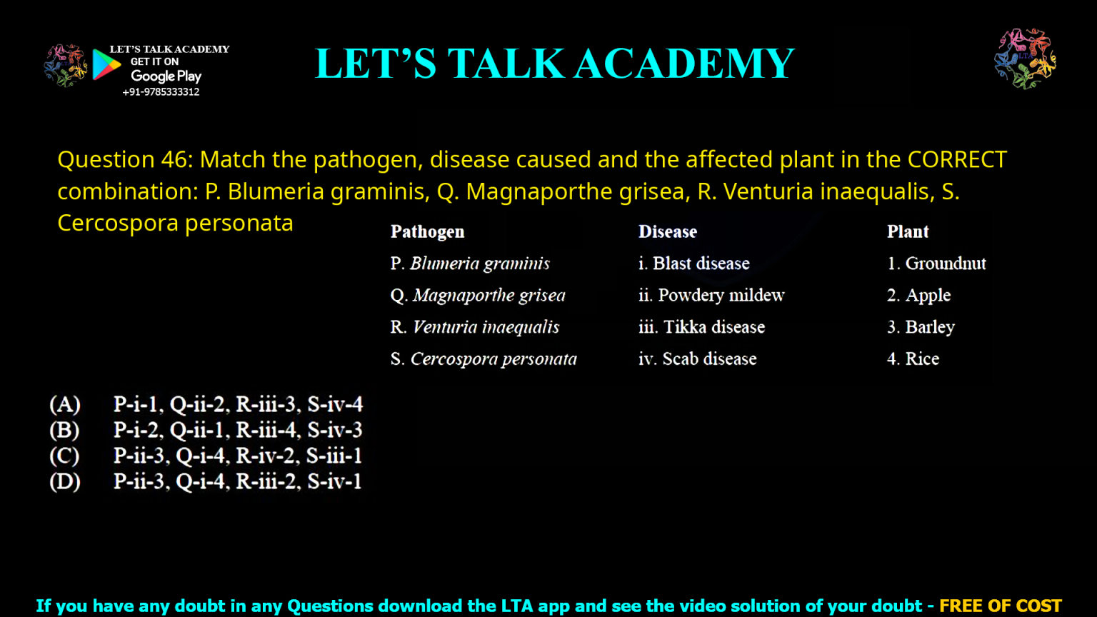 Pathogen-Disease-Plant Matching - CSIR NET LIFE SCIENCE COACHING | NTA ...
