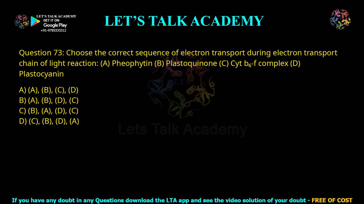 Electron Transport Chain Light Reaction Sequence - CSIR NET LIFE ...
